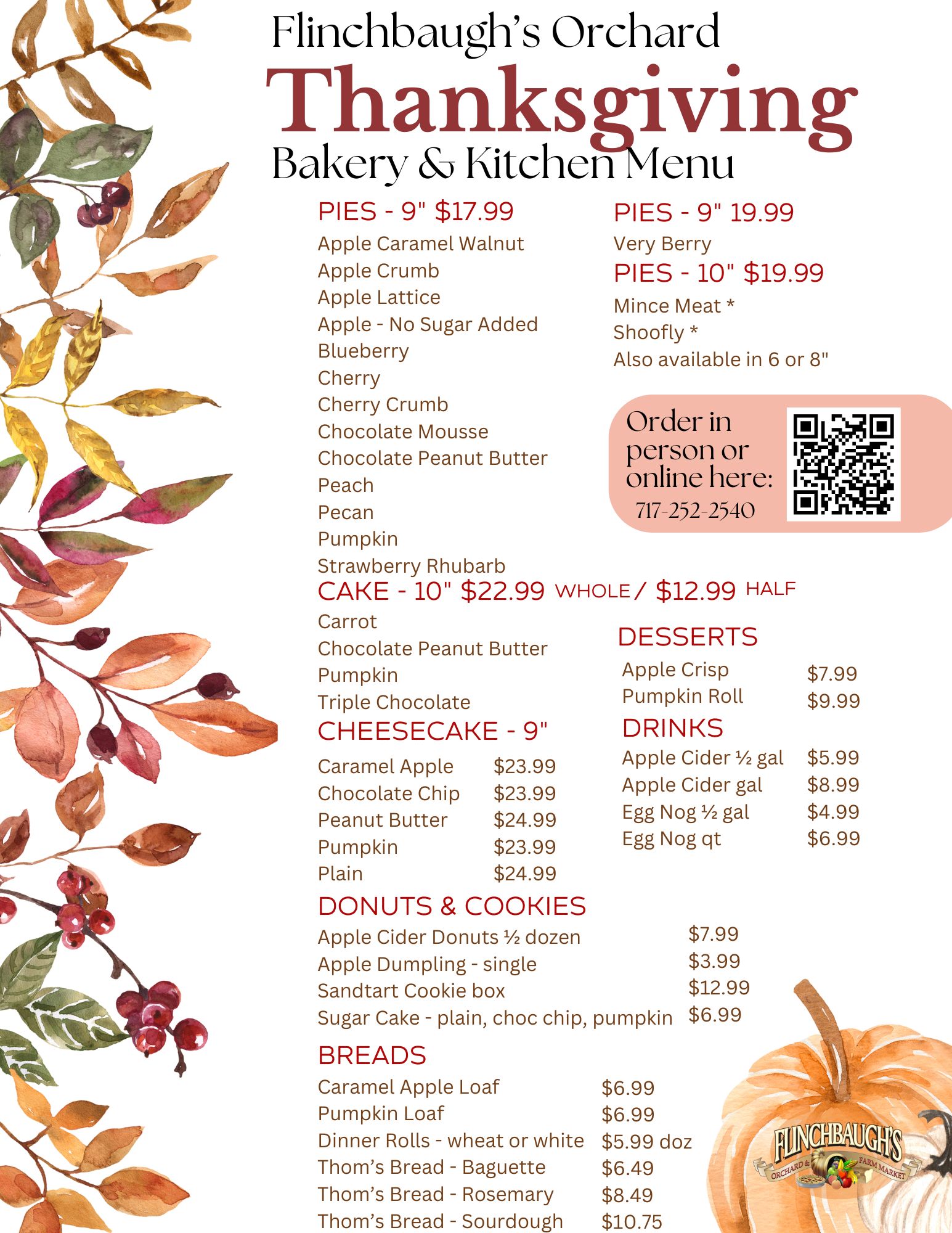 Thanksgiving Bakery Flyer 2025 | Flinchbaugh's Orchard & Farm Market